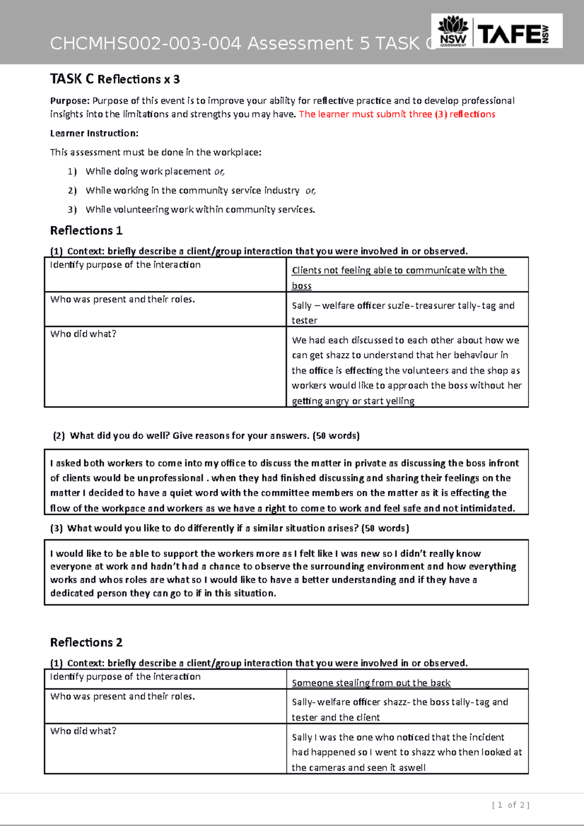 Chcmhs 002-004 Taskcsallyrelf - CHCMHS002-003-004 Assessment 5 TASK C ...