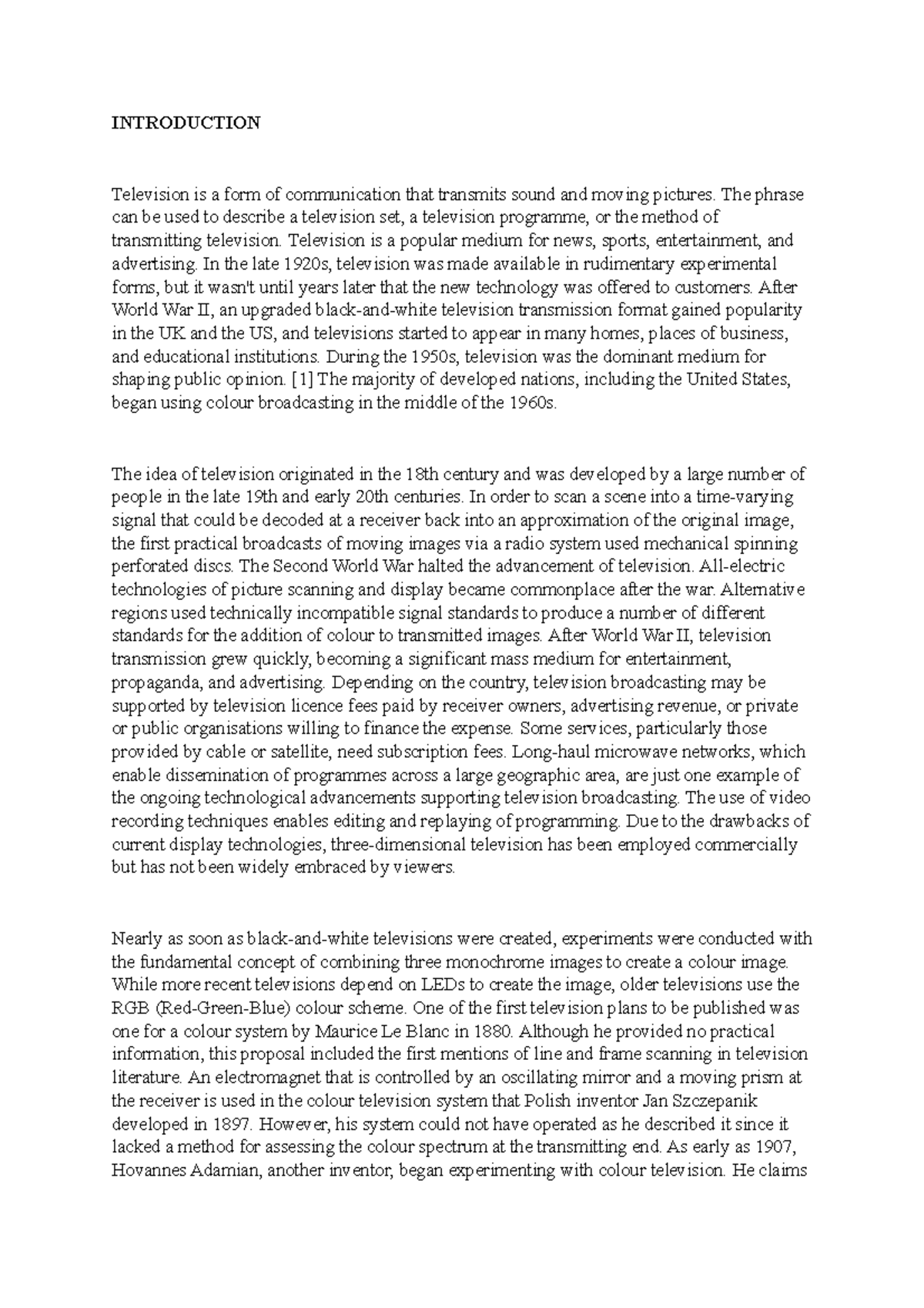 Introduction - for example - INTRODUCTION Television is a form of ...