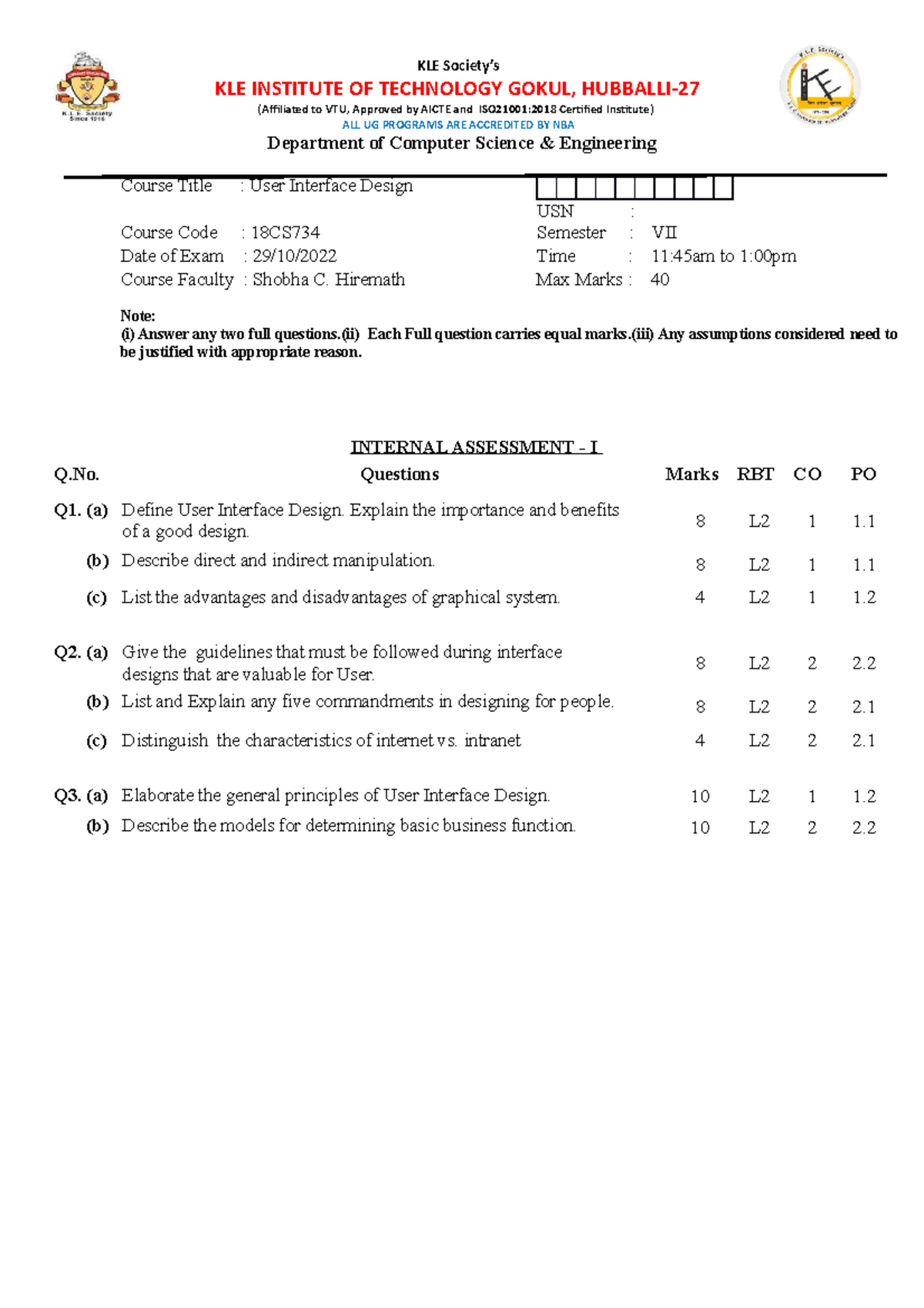 UID SET 1 - helps student - KLE Society’s KLE INSTITUTE OF TECHNOLOGY ...