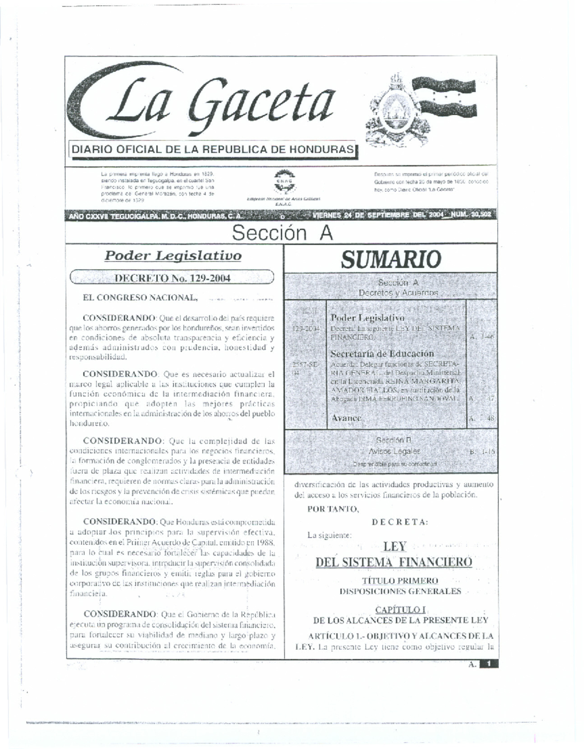 Ley Sistema Financiero- Decreto-129-2004 -, ; ¡ 1 j 1 'f , { j j¡ jj ; ¡ í ¡I i 1 i ,j 1 ) f ...