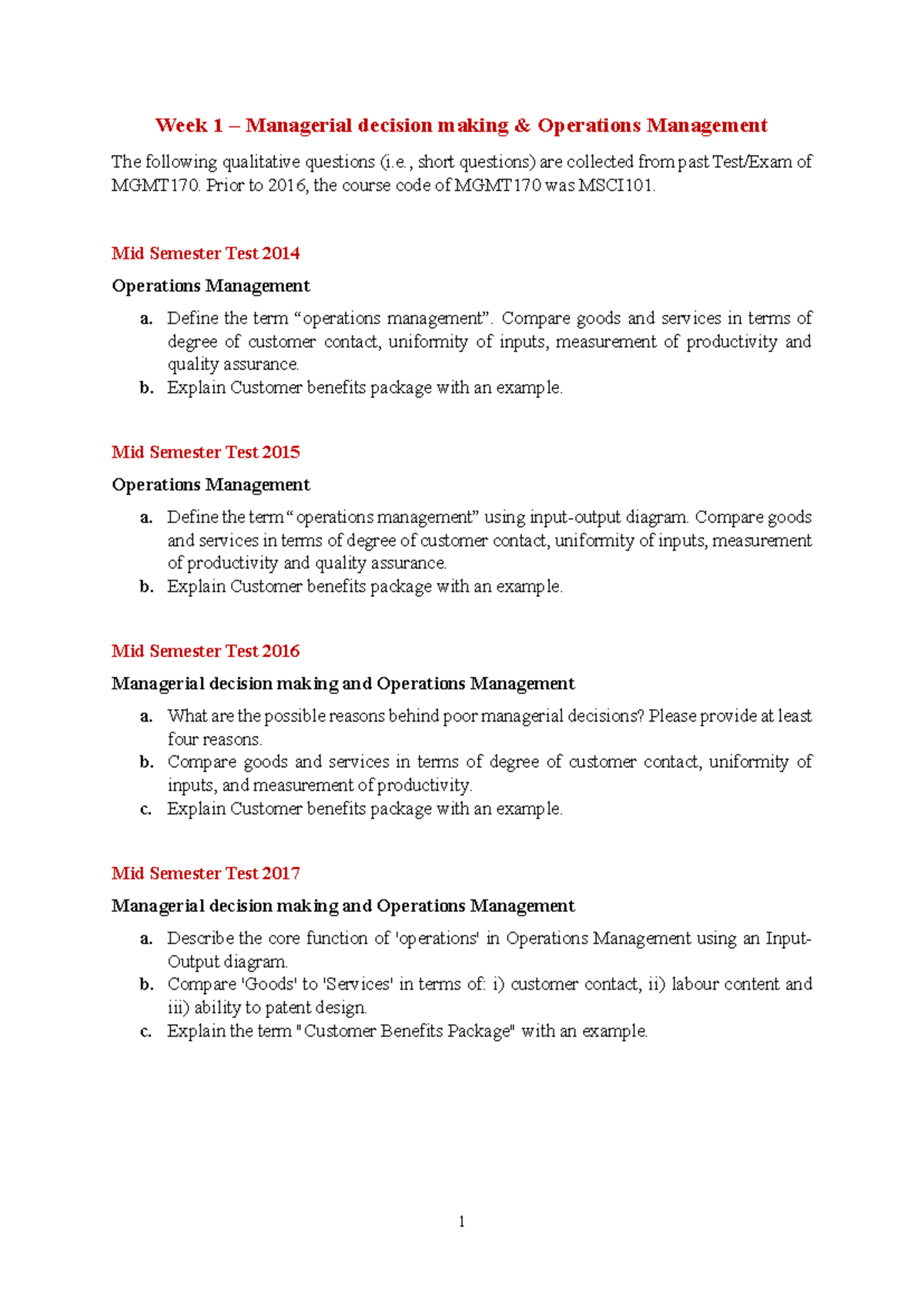 Week 1 - Managerial decision making and Operations Management ...