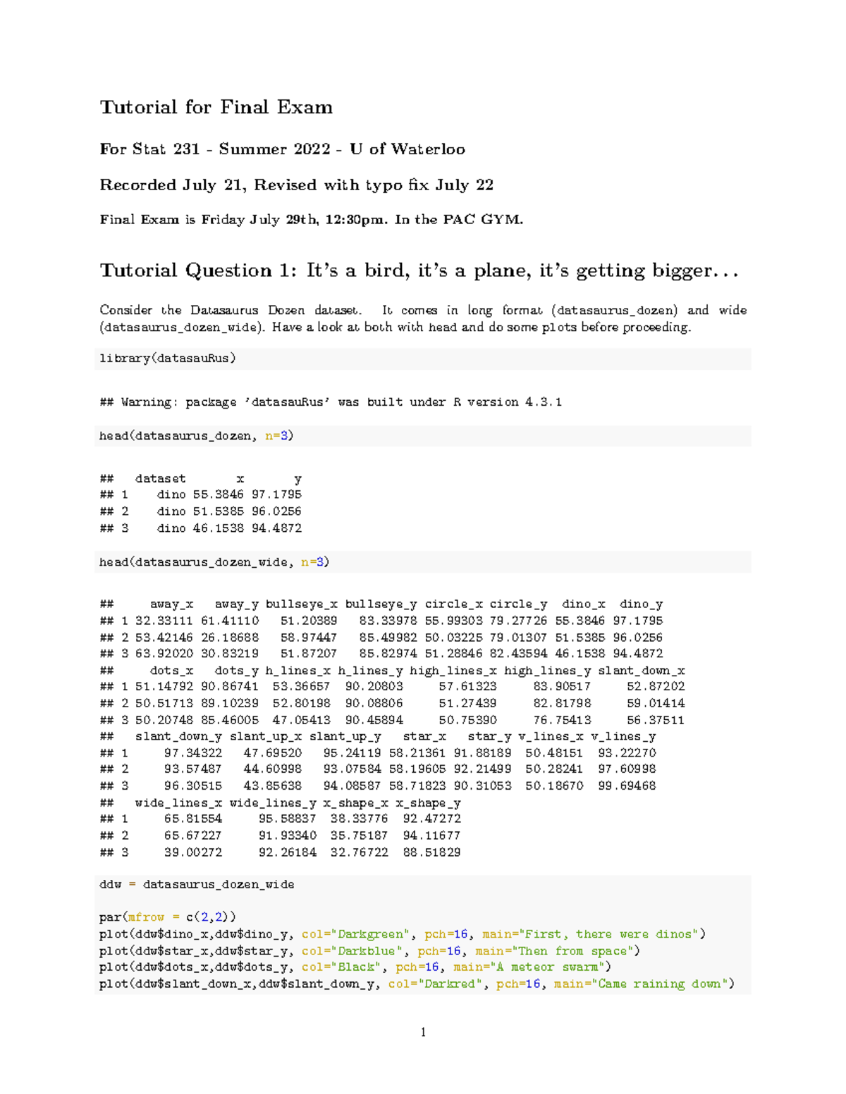 S231 S2023 Final Tutorial Key - Stat 231 - UWaterloo - Studocu