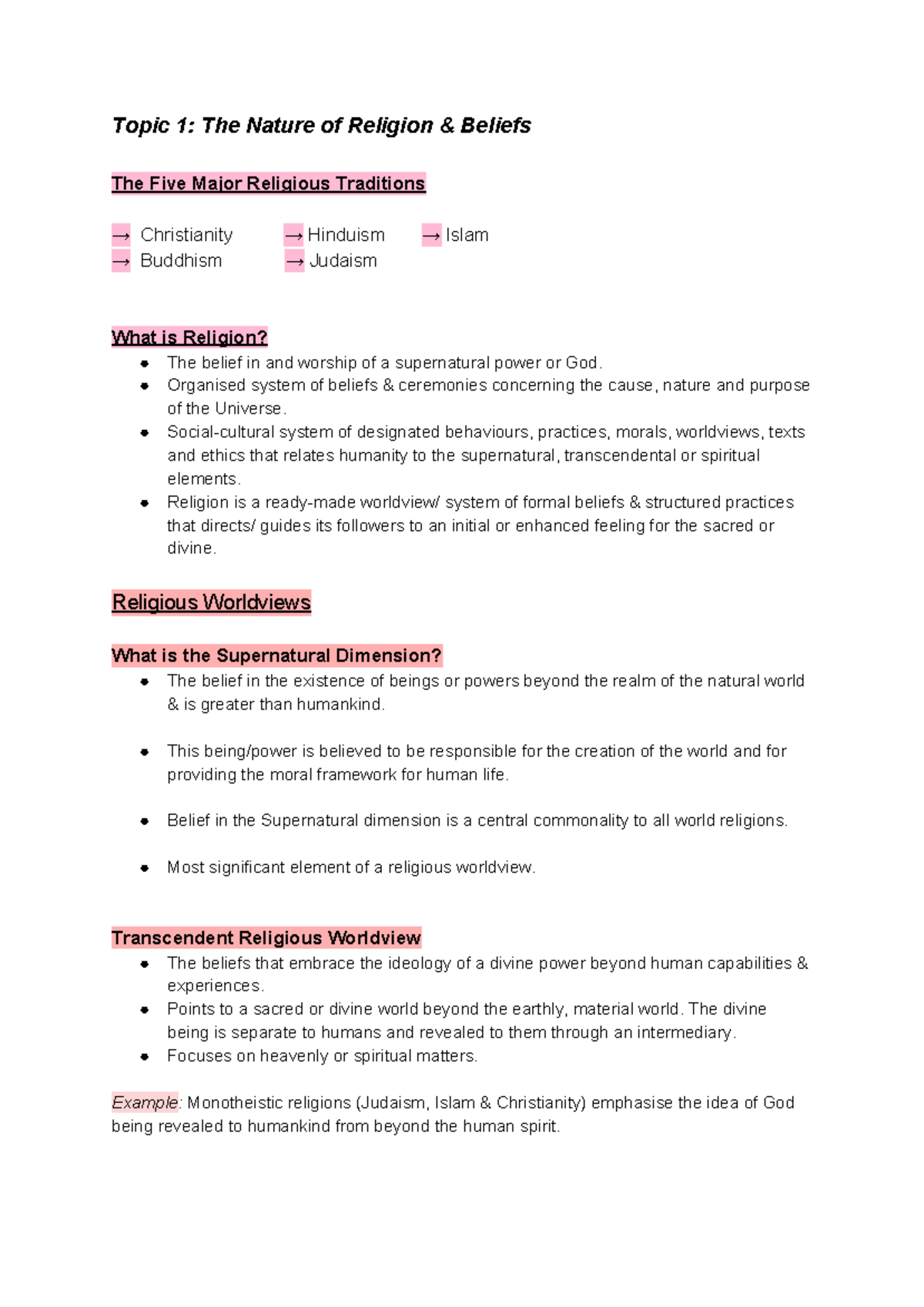 Prelim study notes sor1 - Topic 1: The Nature of Religion & Beliefs The ...