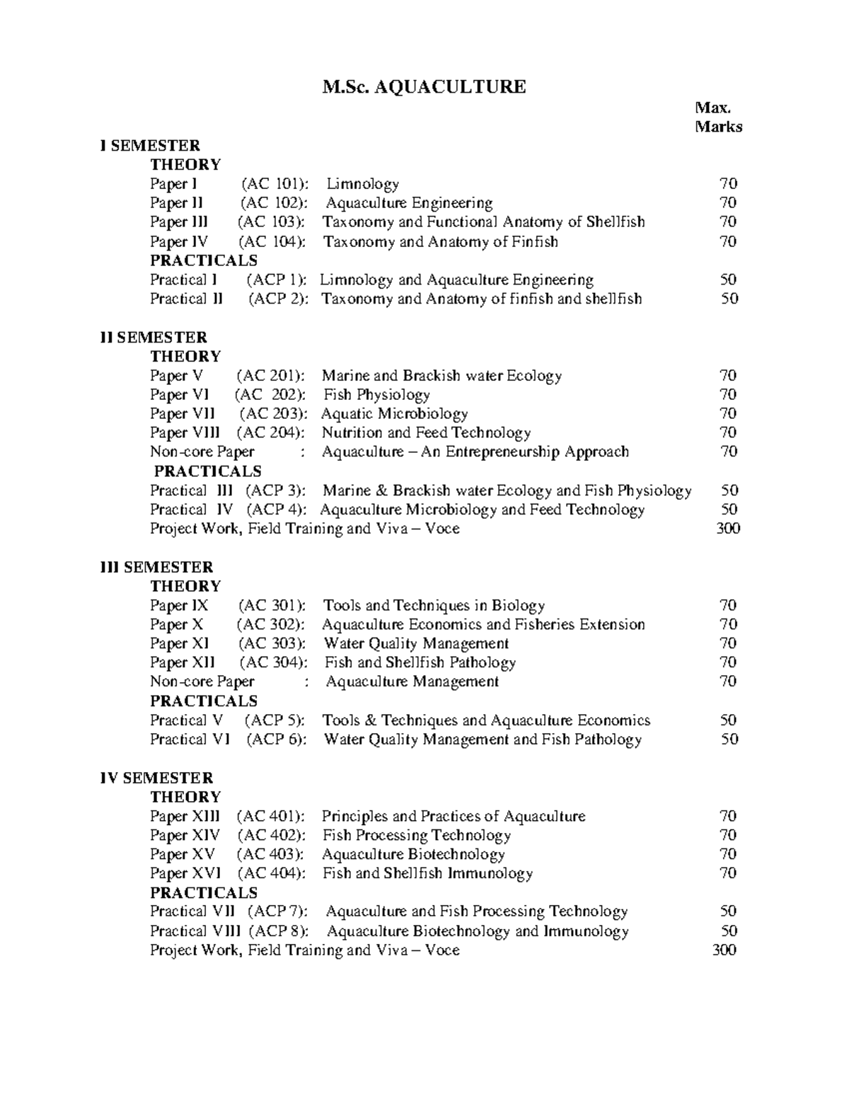 MSc Aquaculture Syllabus - Max. Marks I SEMESTER THEORY Paper I (AC 101 ...