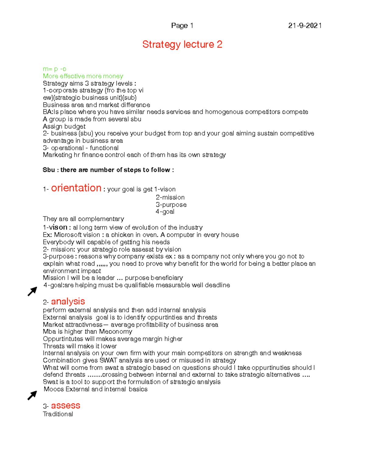 Strategic notes - Strategy lecture 2 m= p -c More effective more money ...