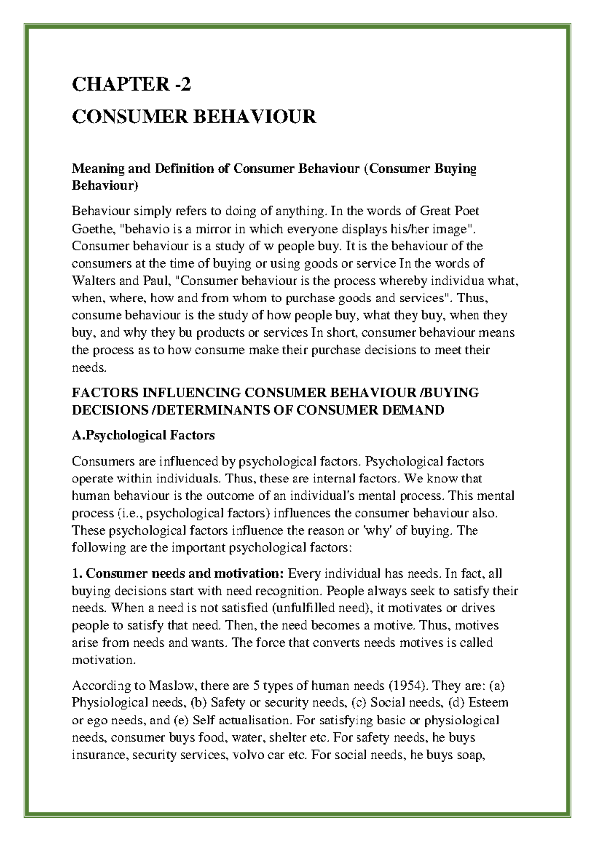 Consumer behaviour-1 - CB NOTES - CHAPTER - 2 CONSUMER BEHAVIOUR ...