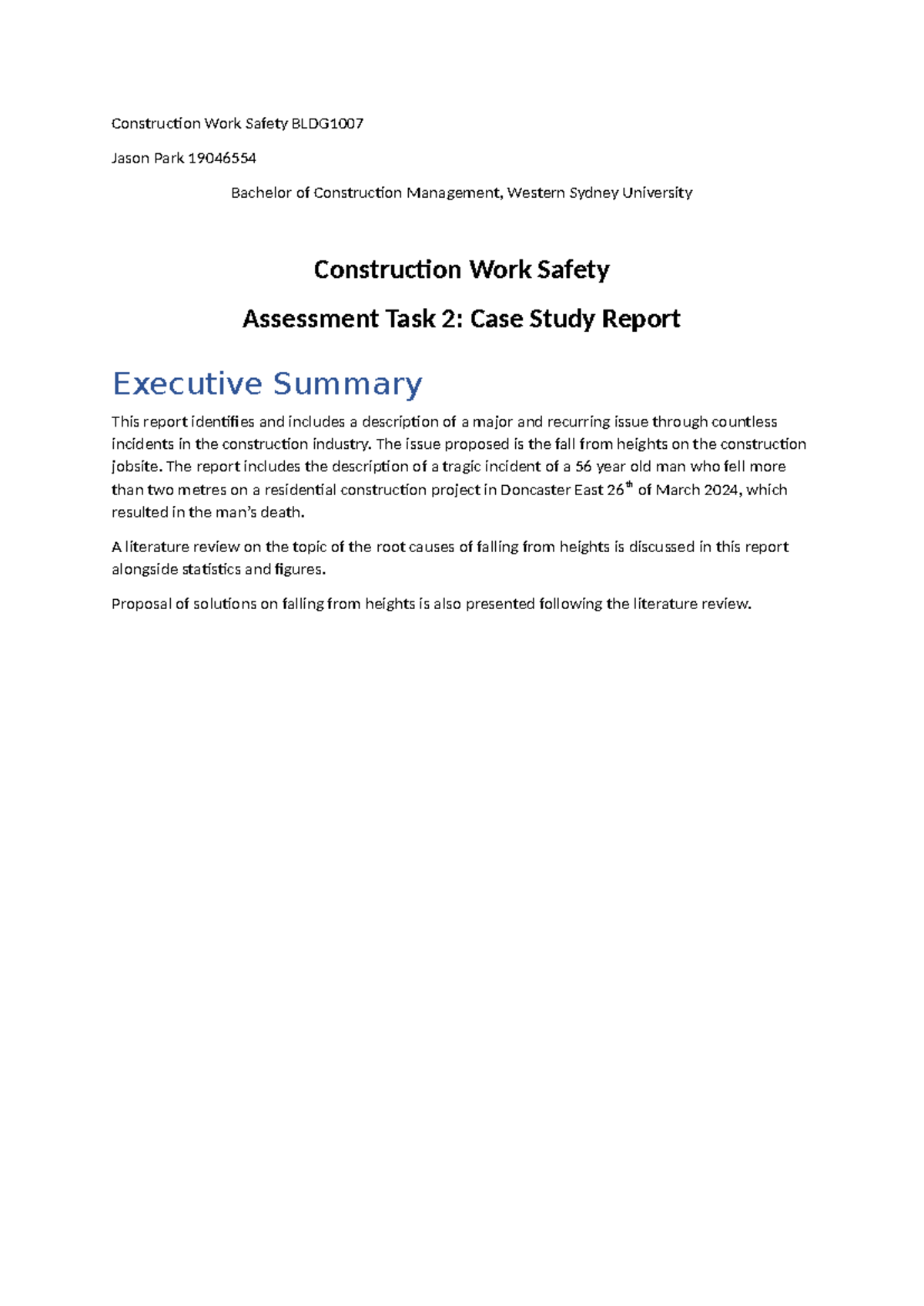 Safety report draft - Construction Work Safety BLDG Jason Park 19046554 ...
