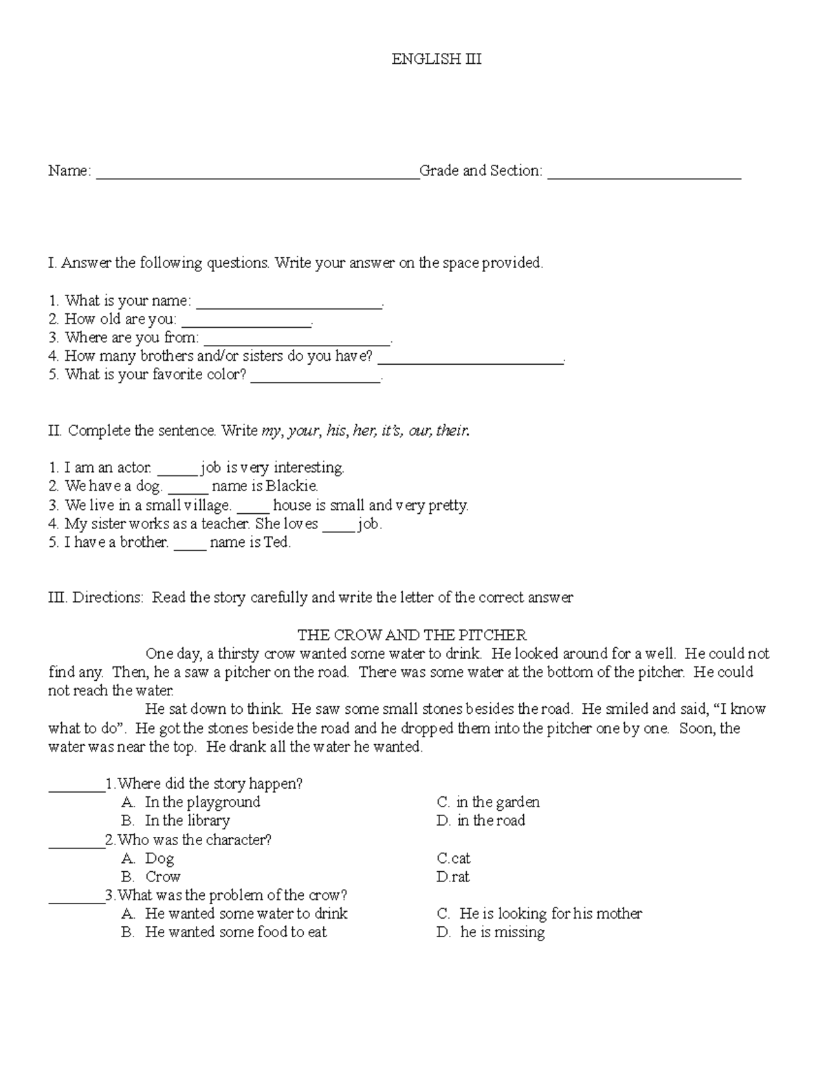 PRE-TEST English 3 - ENGLISH III Name ...