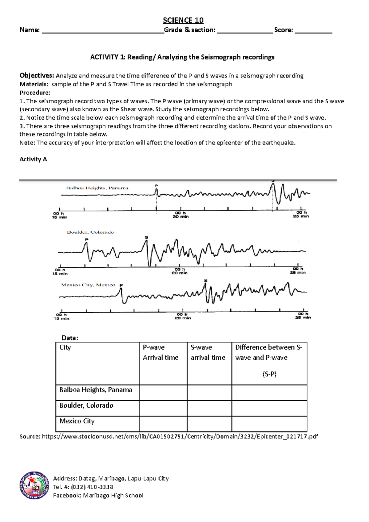 Science 10 activity 1 - SCIENCE 10 Name ...