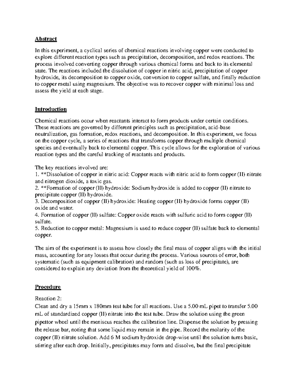 Lab 6 - Copper Cycle - Abstract In this experiment, a cyclical series ...