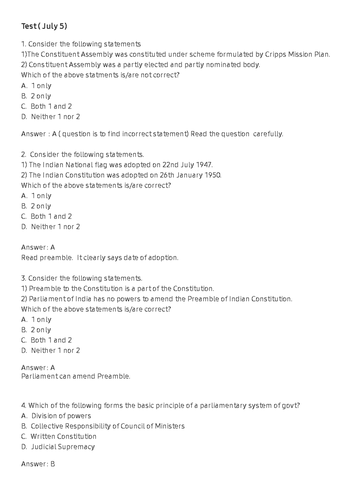 Multiple choice questions from constitution - Test ( July 5) Consider ...