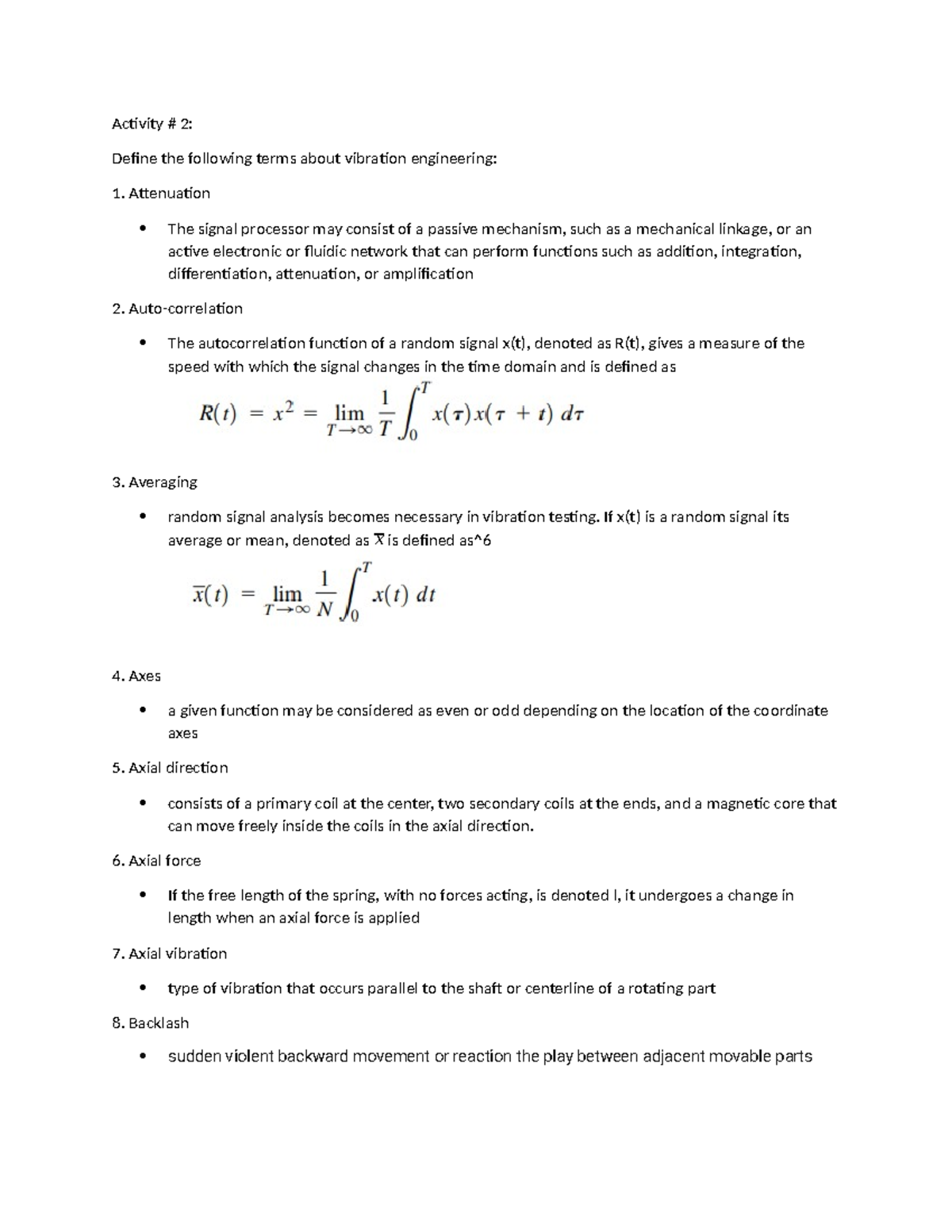 Activities, lesson and summaries of lecture on Vibration Engineering - Activity # 2: Define the ...