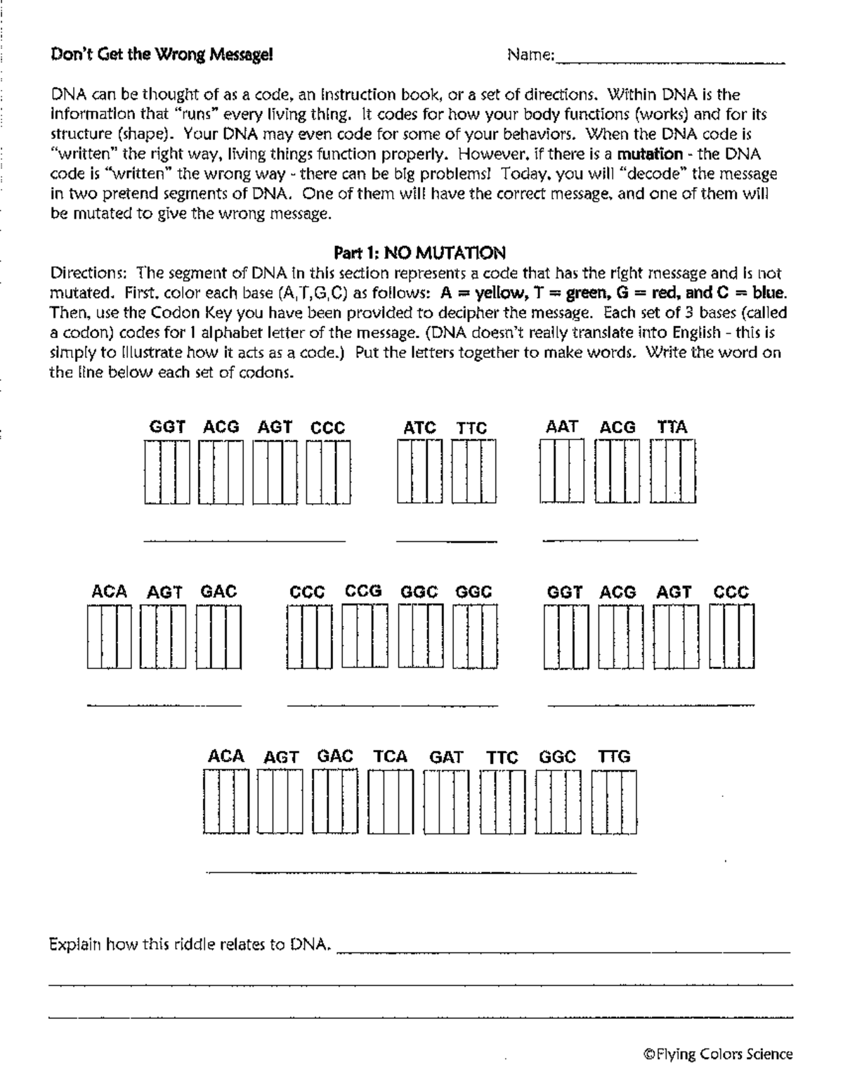 Mutations Activity 326 - Get the Wrong Message! Name: DNA can be ...