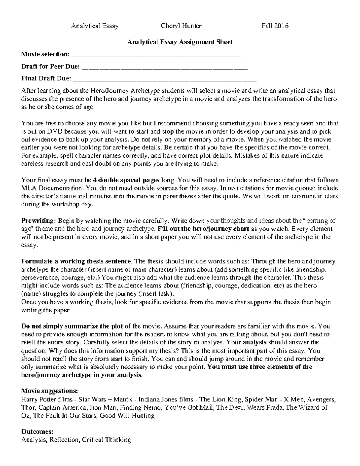 Mcc Analytical essay Assignment sheet - Analytical Essay Cheryl Hunter ...