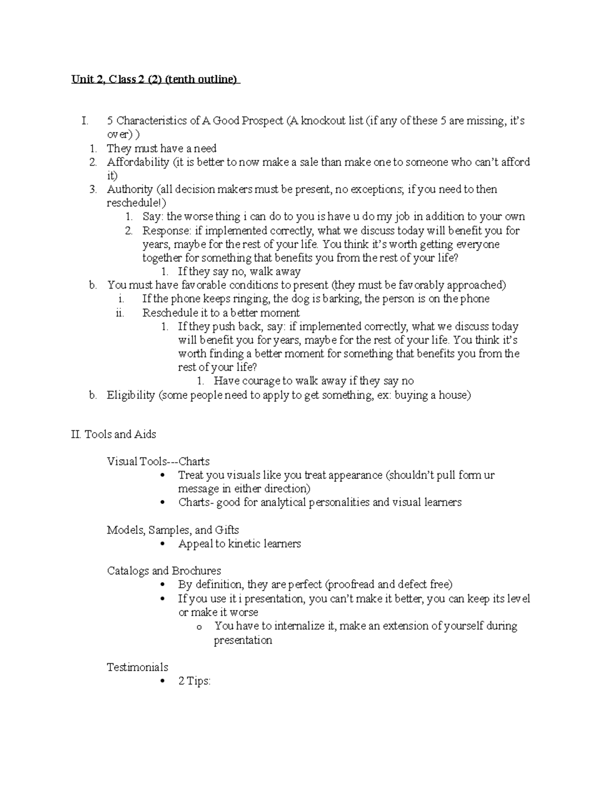 MKT 340 Unit 2, Class 2 - Unit 2, Class 2 (2) (tenth outline) I. 5 ...