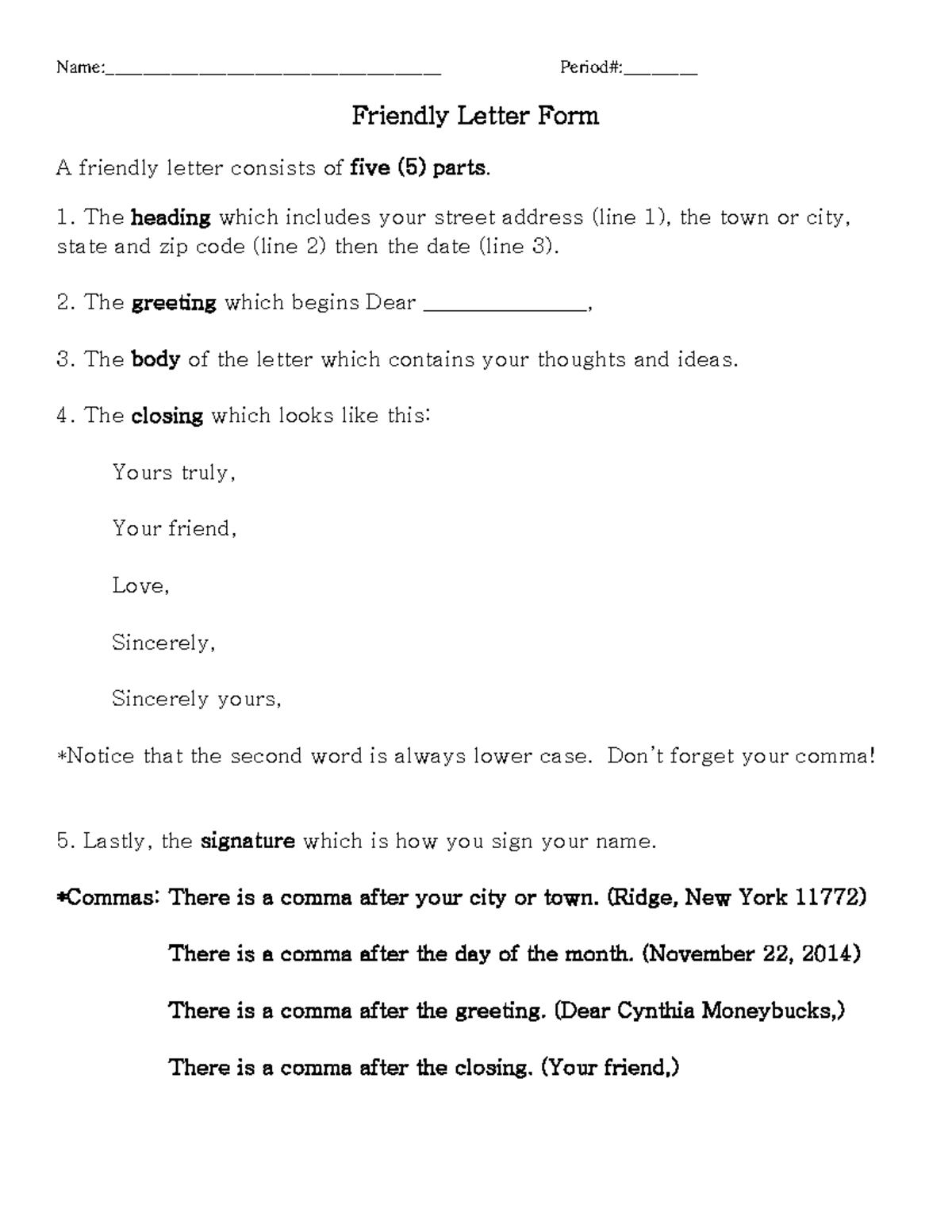 Friendly Letter Format - Name ...