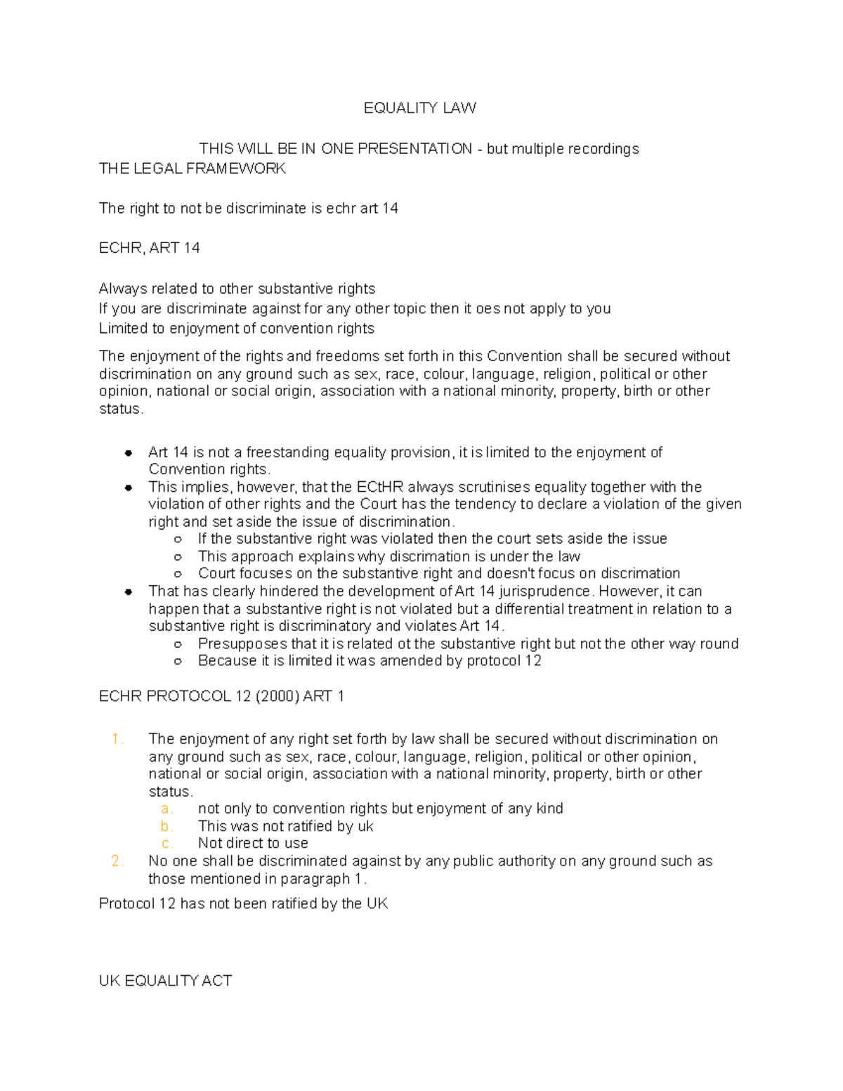 Equality LAW 1 - Administrative Law Lecture notes annotated from the ...