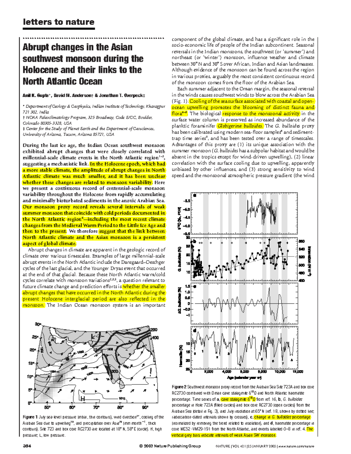 （Anil K. Gupta，Nature，2003 ）Abrupt changes in the Asian southwest monsoon during the Holocene ...