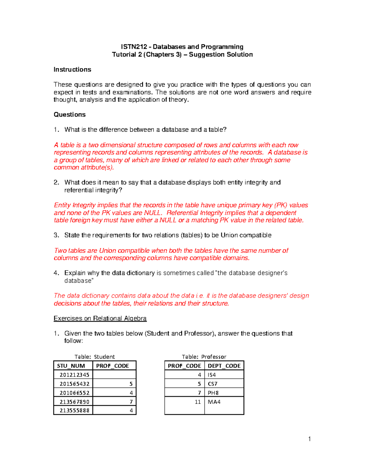 Istn212 Databases Tutorial 2 Chapters 3 Solution Warning Tt Undefined Function 32