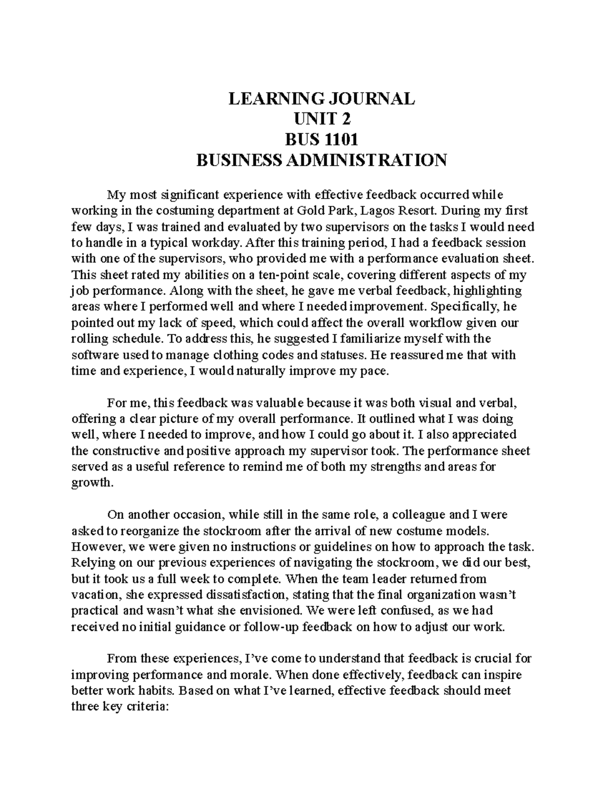 Learning Journal BUS 1101 UNIT 2 Journal - LEARNING JOURNAL UNIT 2 BUS 1101 BUSINESS ...