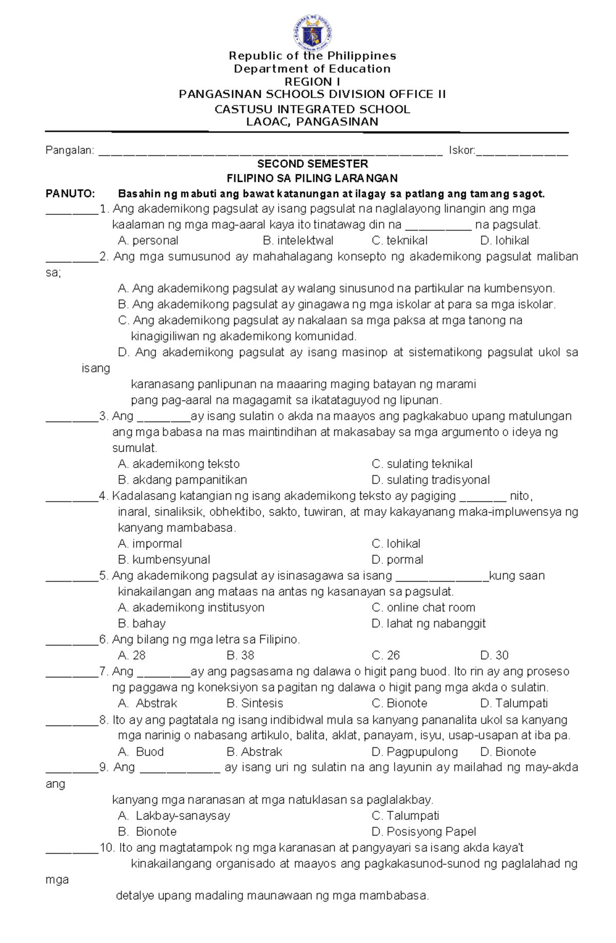 Filipino 12 First Quarter Examination - Republic of the Philippines ...
