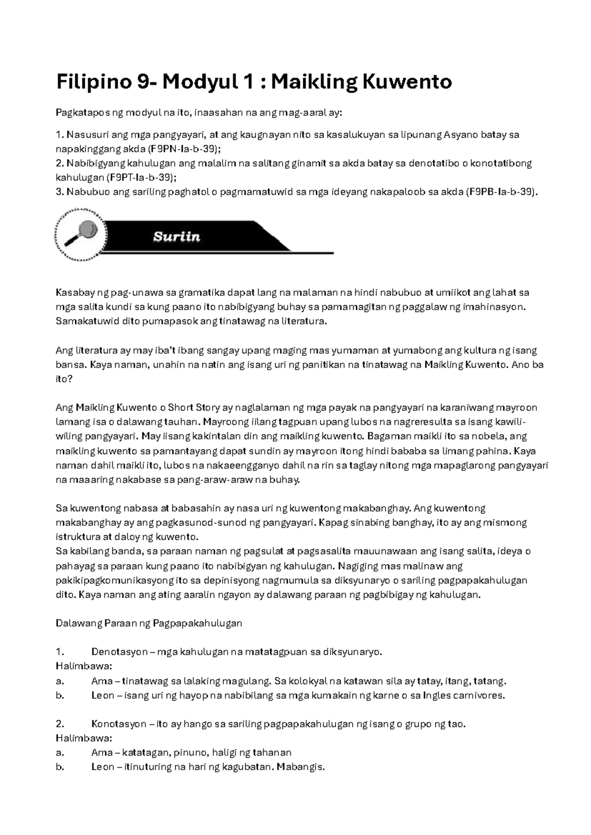 Modyul 1 2 - Module - Filipino 9- Modyul 1 : Maikling Kuwento ...