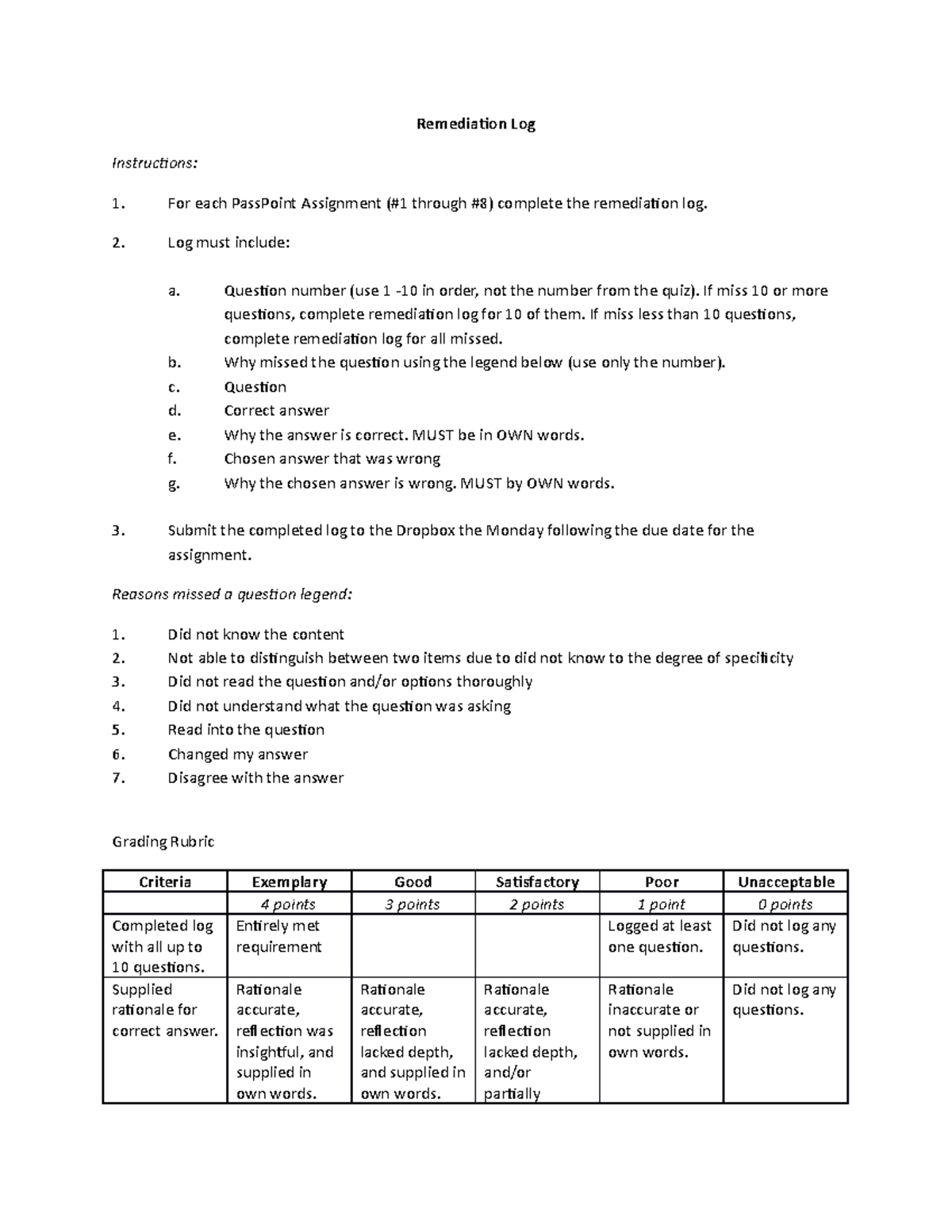 Remediation log - Log must include: a. Question number (use 1 -10 in ...