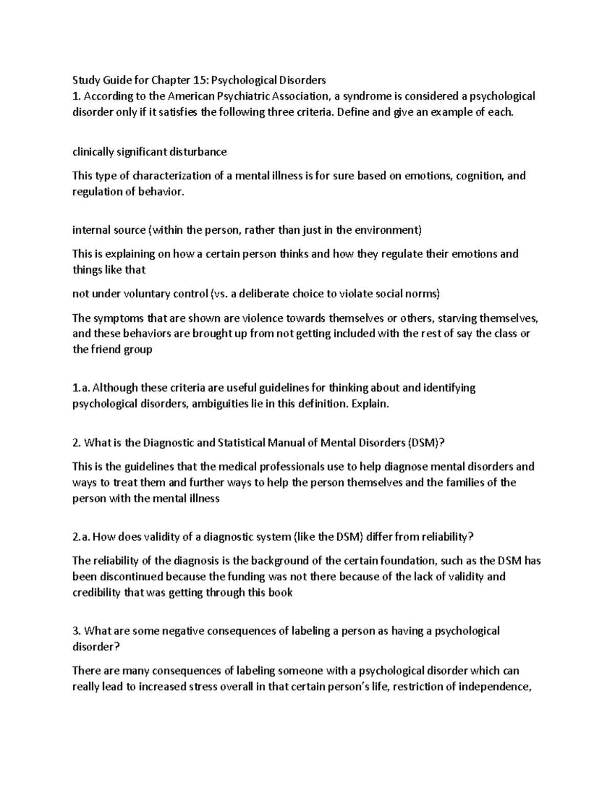 Psychological Disorders Guide - Study Guide for Chapter 15 ...