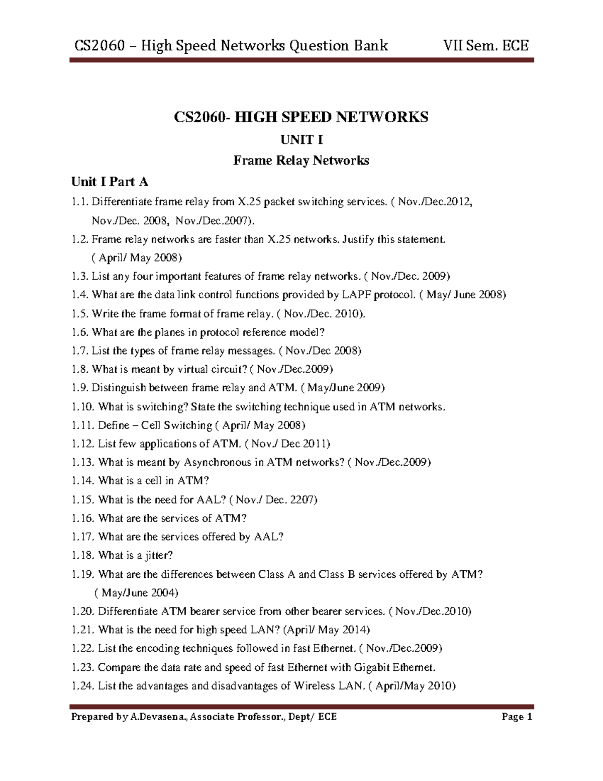 Cs2060 High Speed Networks Question Bank Cs2060 High Speed Networks Unit I Frame Relay