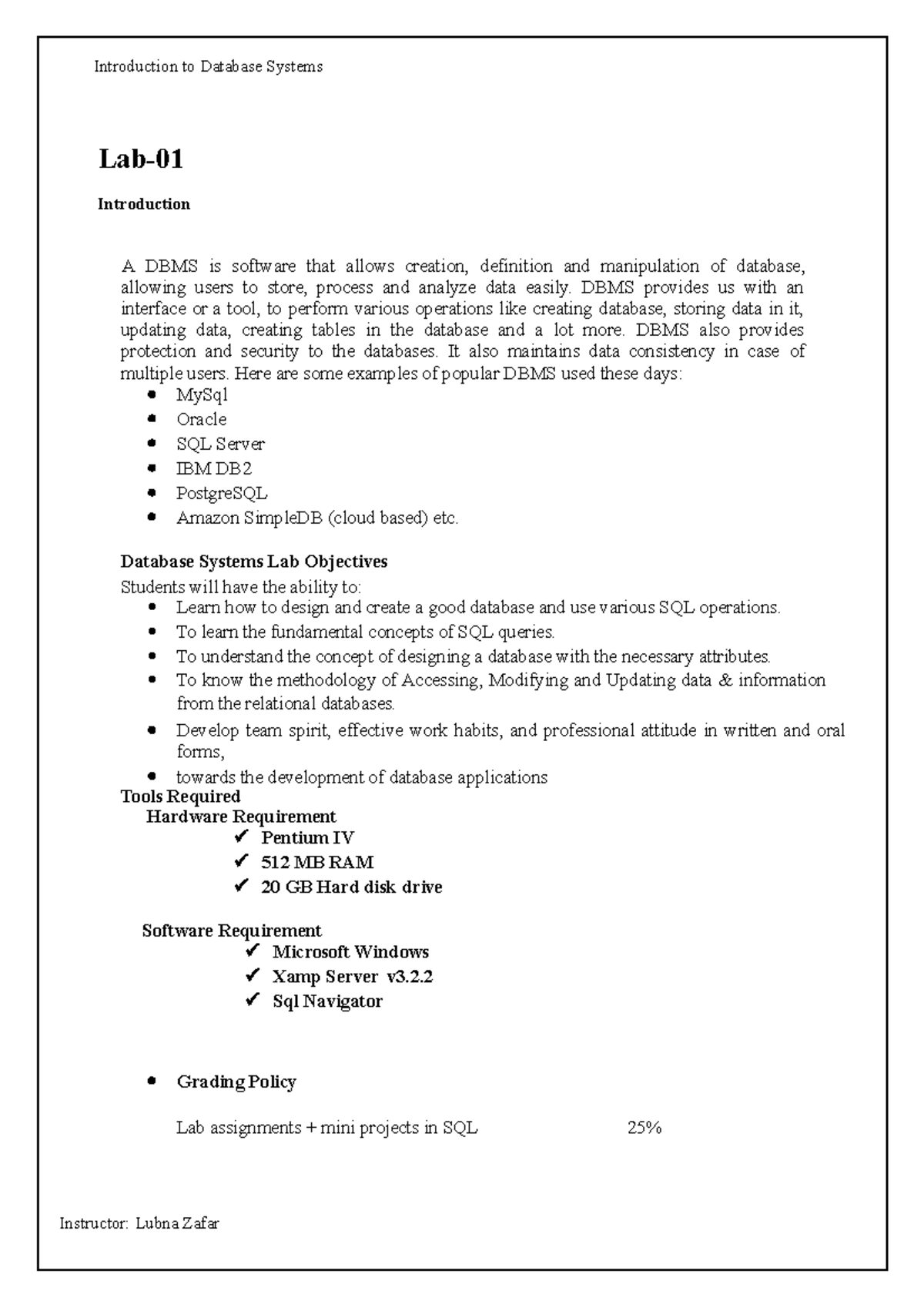 Lab- 01 - This doc is abuout databse system - Lab- Introduction A DBMS ...