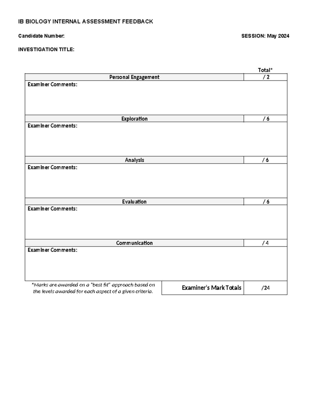 IB Biology-Internal Assessment Score Sheet - IB BIOLOGY INTERNAL ...