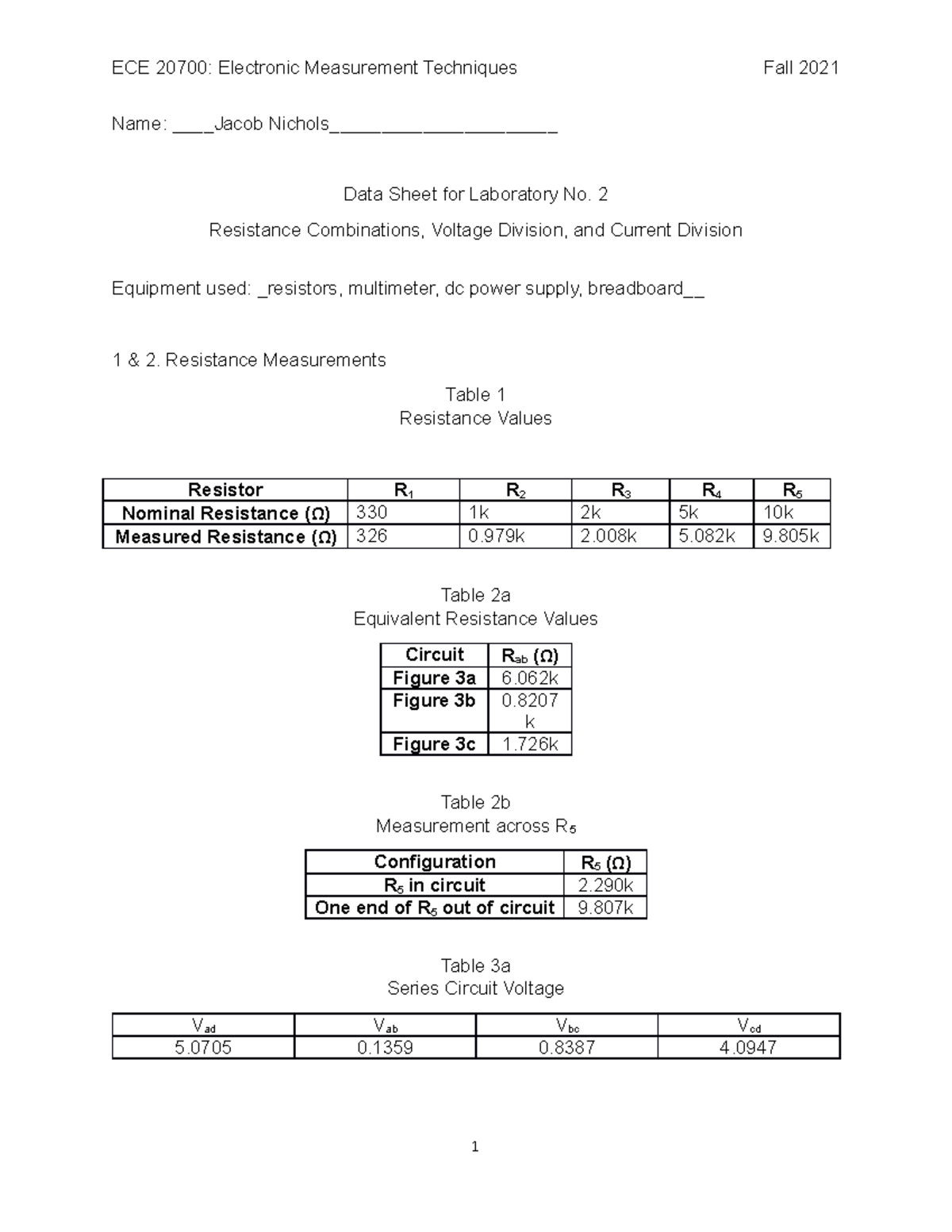 Experiment 2 Data sheet - Name: Jacob Nichols__________________ Data Sheet for Laboratory No. 2 ...
