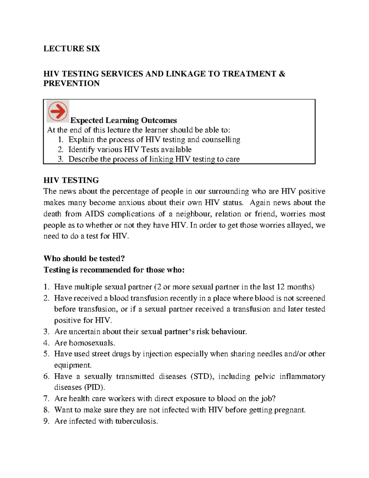Lecture SIX - LECTURE SIX HIV TESTING SERVICES AND LINKAGE TO TREATMENT ...