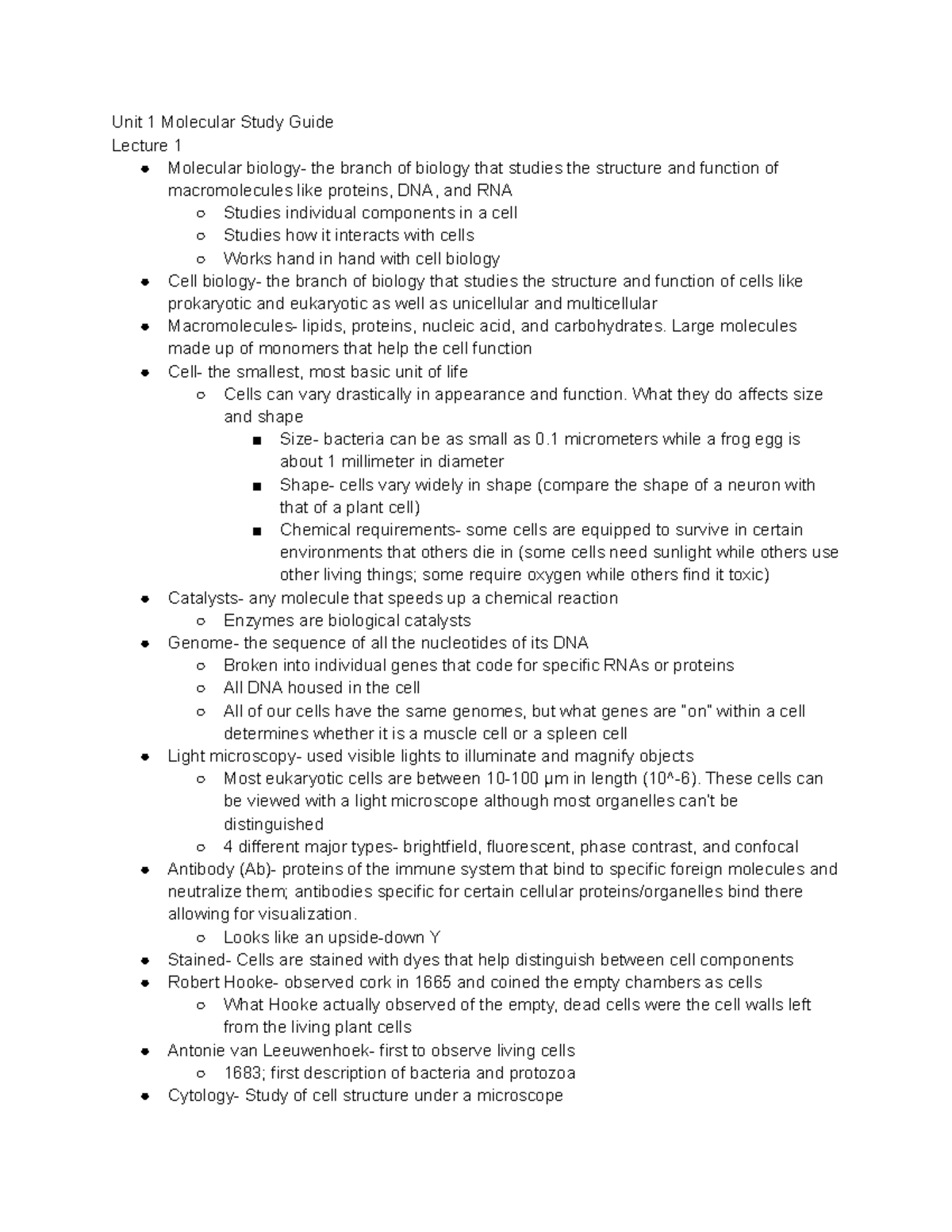 Unit 1 Molecular Study Guide - Unit 1 Molecular Study Guide Lecture 1 ...