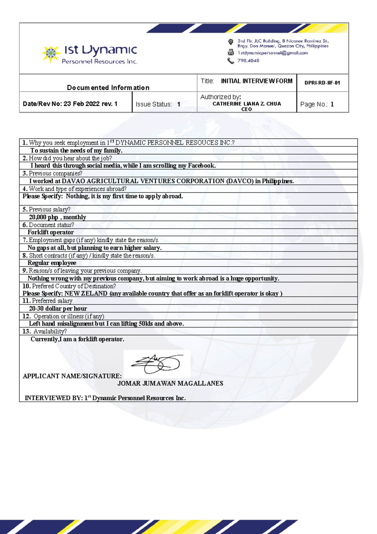 DPRI-RD-IIF-01 - Initial interview Form - 1 - Documented Information ...