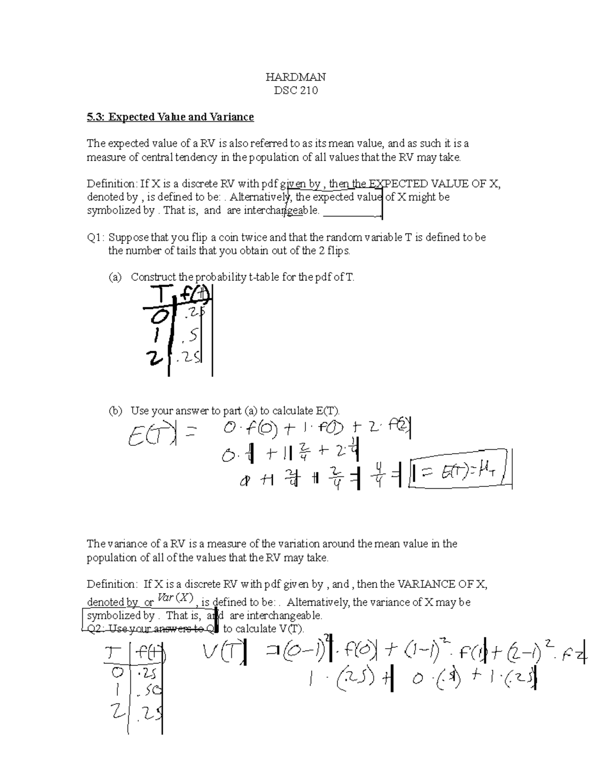 Chapter 5.3 notes - HARDMAN DSC 210 5: Expected Value and Variance The ...