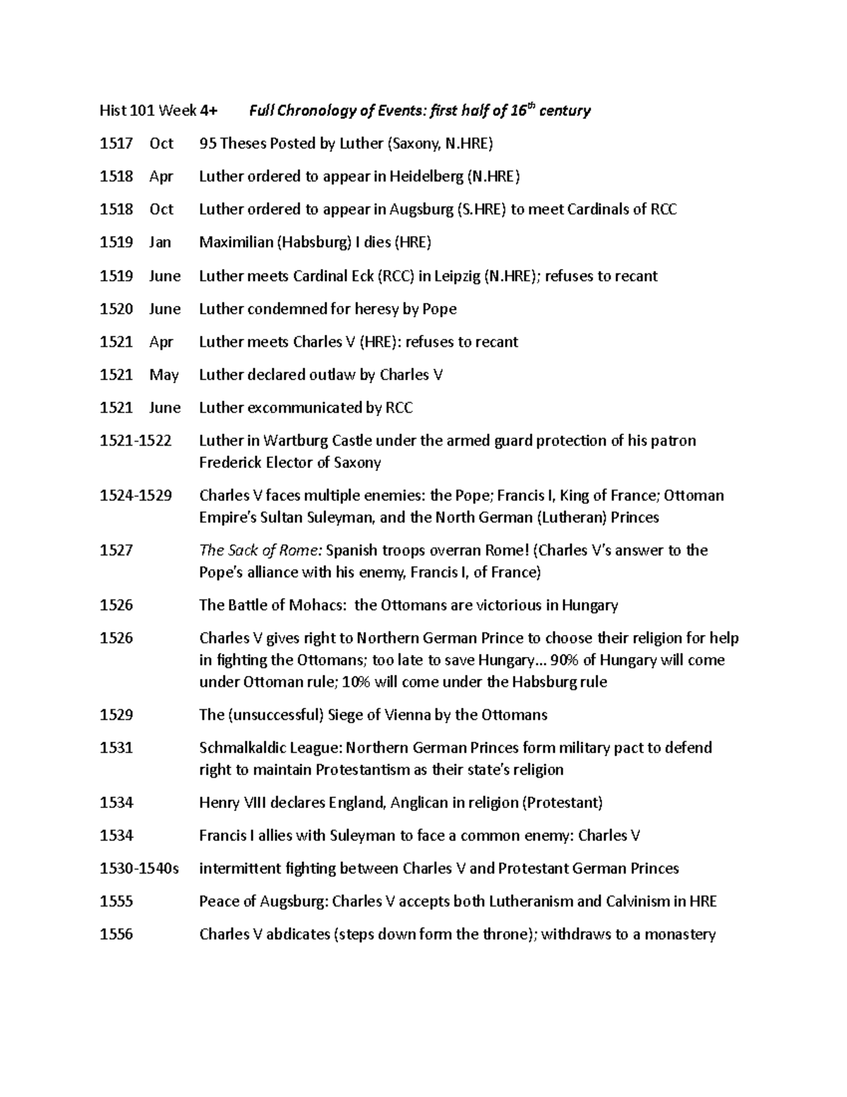 Week 4 Chronology first half 16th c - Hist 101 Week 4+ Full Chronology ...