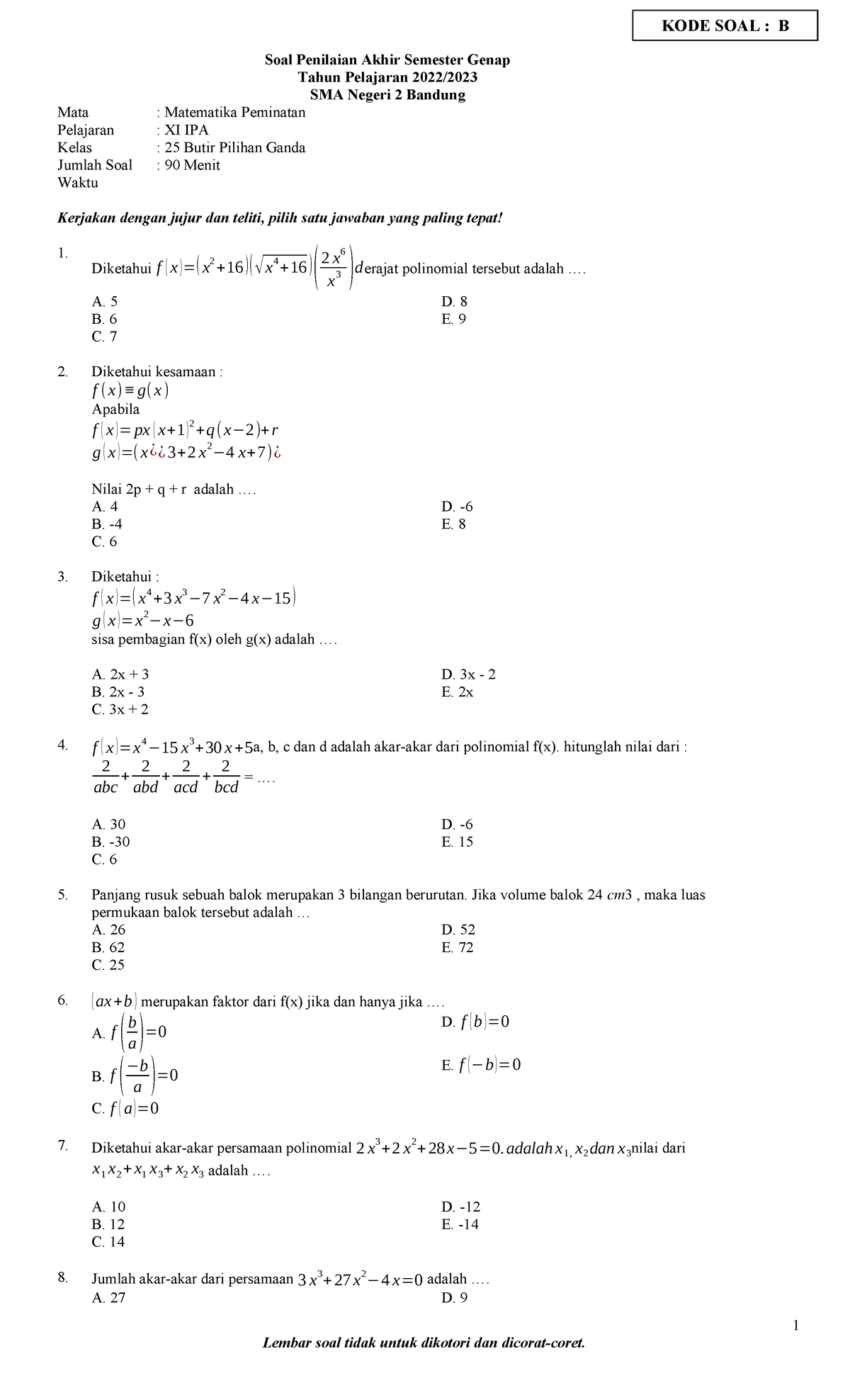SOAL PAS Genap MIPA XI Paket B 2023 - Soal Penilaian Akhir Semester Genap Tahun Pelajaran 2022 ...