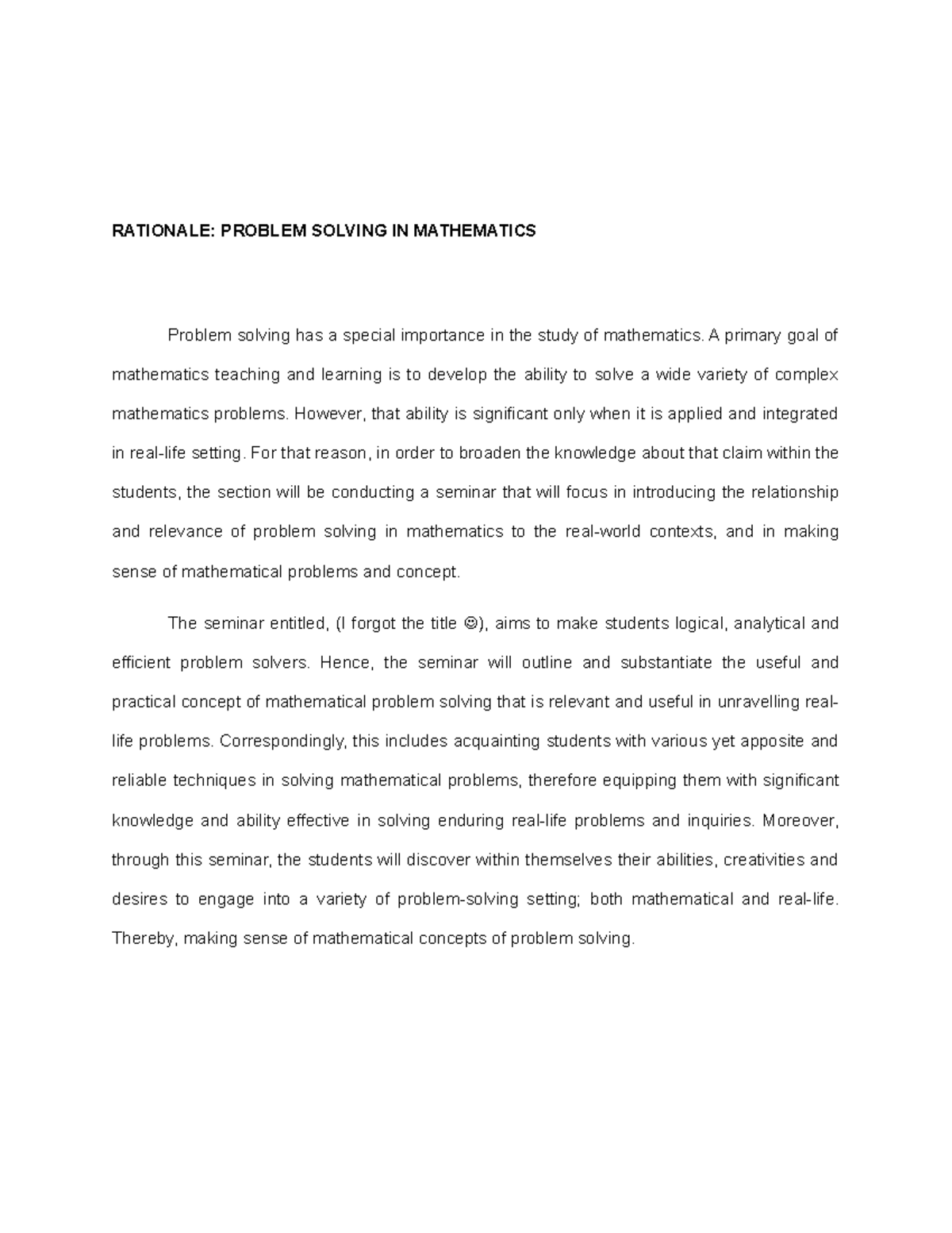 Problem Solving In Math rationale RATIONALE PROBLEM SOLVING IN