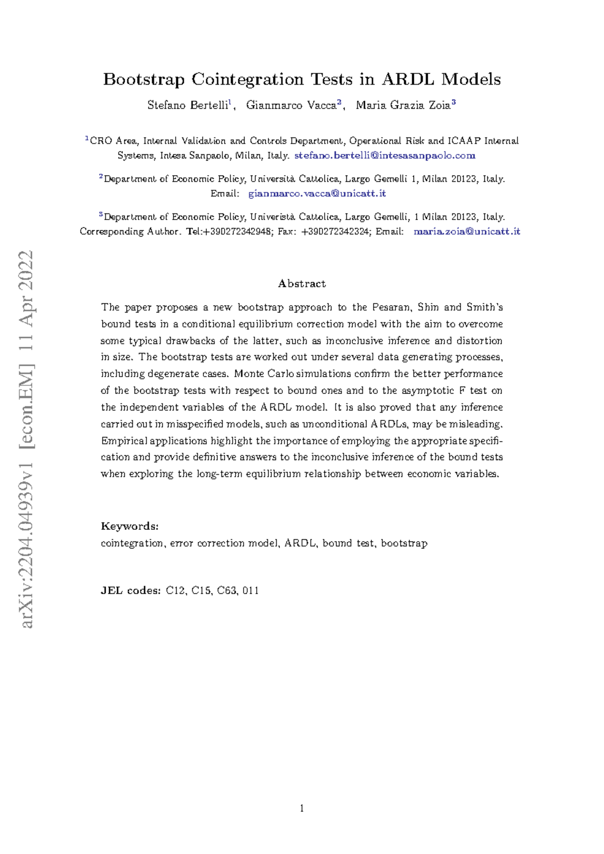 2204 - THANKS - Bootstrap Cointegration Tests in ARDL Models Stefano ...