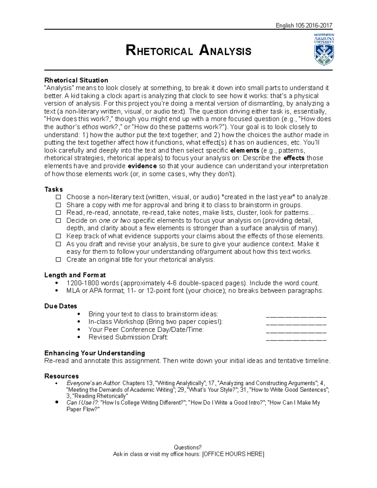 Rhetorical Analysis - English 105 2016- RHETORICAL ANALYSIS Rhetorical ...