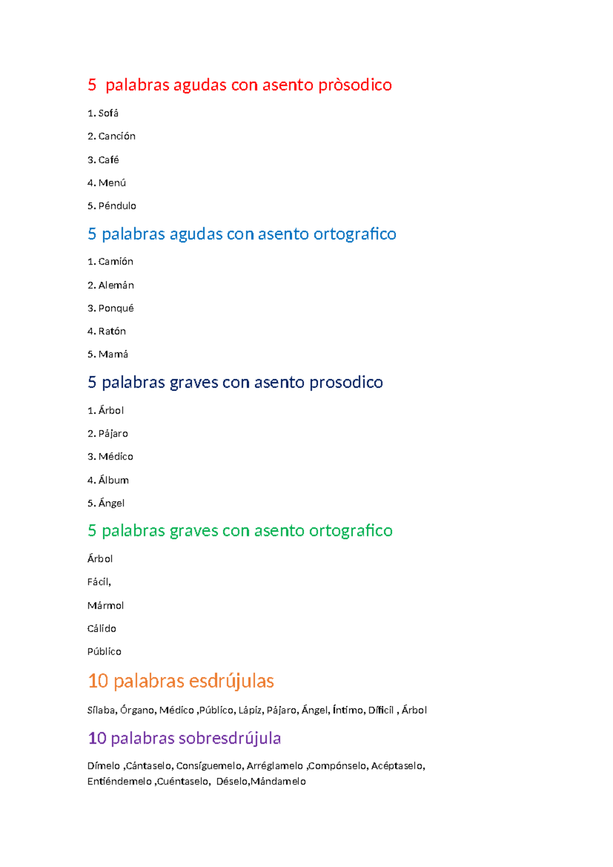 5 palabras agudas con asento pròsodico - Sofá 2. Canción 3. Café 4 ...