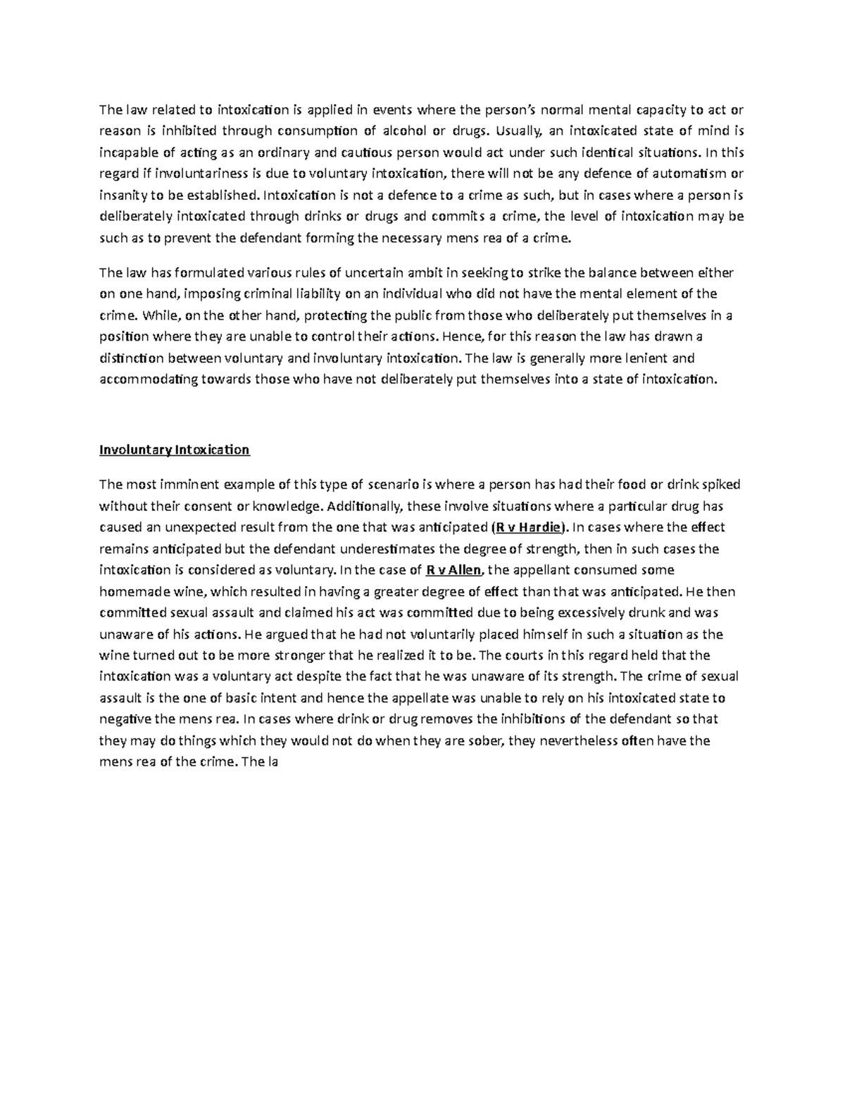 intoxication criminal law answer - first class - The law related to ...