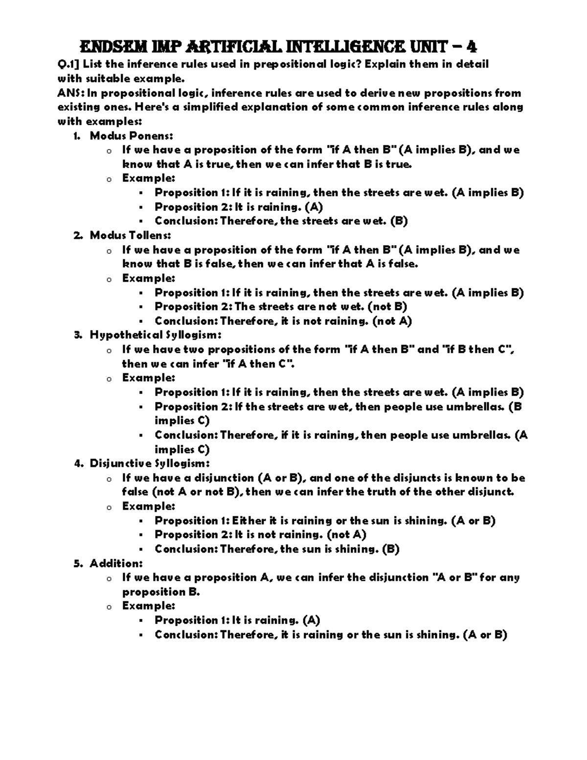 Endsem IMP Artificial Intelligence UNIT – 4 - ENDSEM IMP ARTIFICIAL INTELLIGENCE UNIT – 4 Q ...