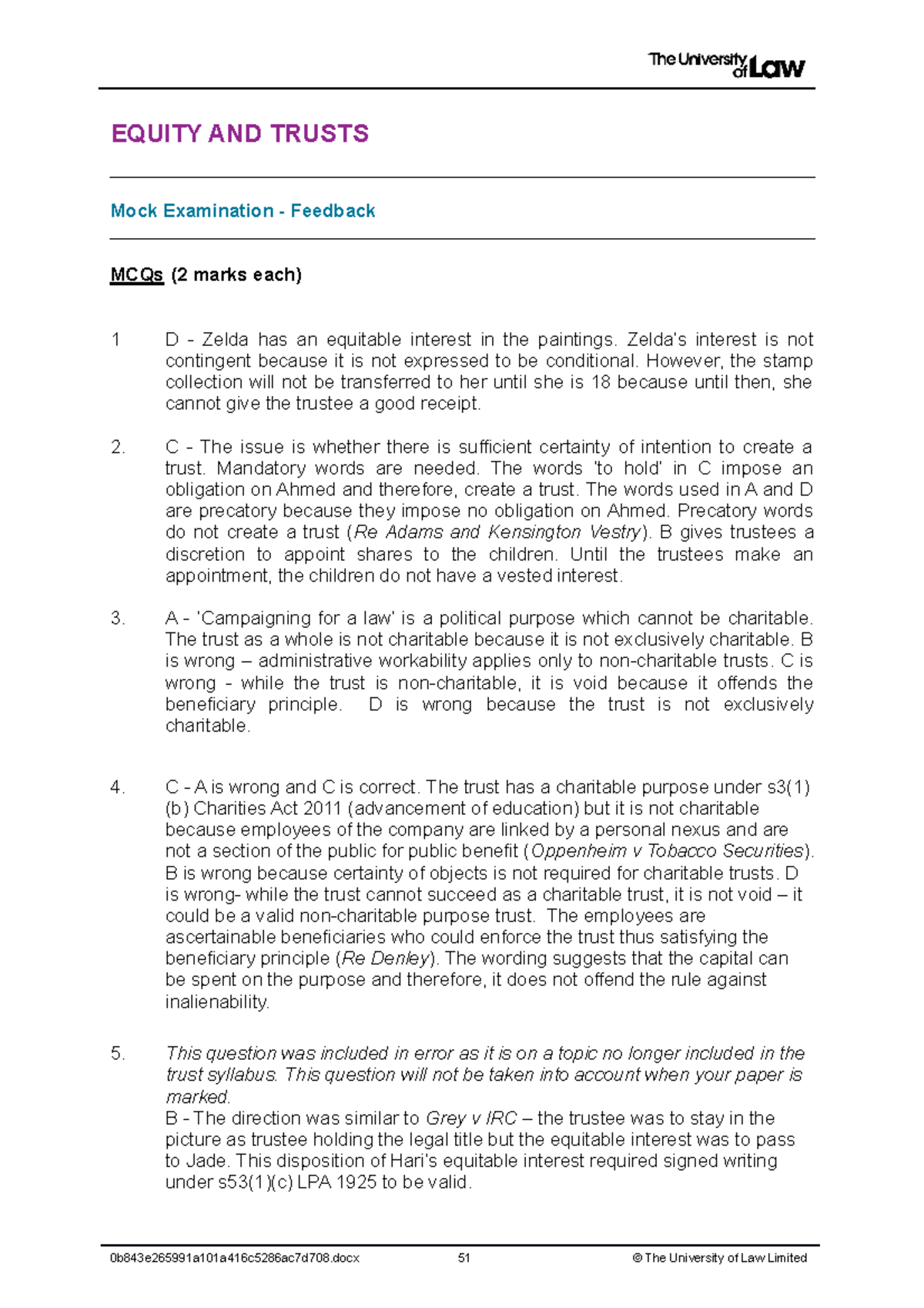 Mock Exam Sample Answer - EQUITY AND TRUSTS Mock Examination - Feedback ...