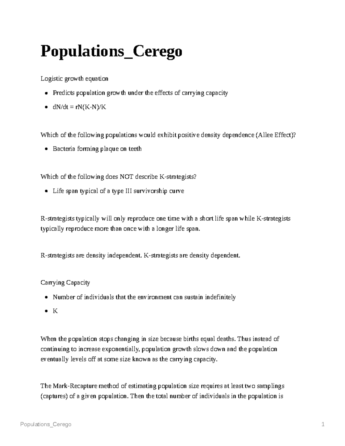 Populations - Cerego practice materials organized notes - Populations ...