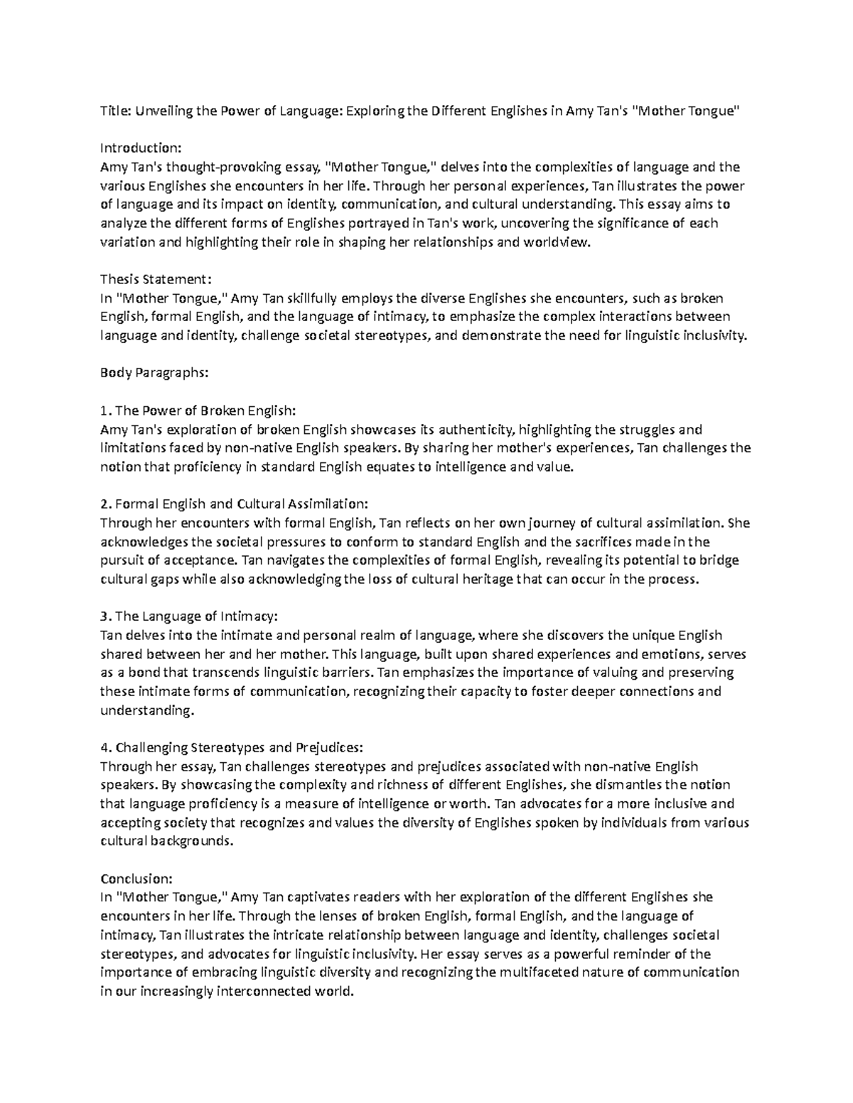 Amy tannn - English esay - Title: Unveiling the Power of Language ...