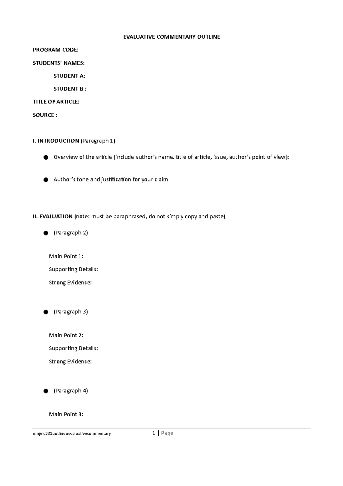 Evaluative Commentary Outline - EVALUATIVE COMMENTARY OUTLINE PROGRAM ...
