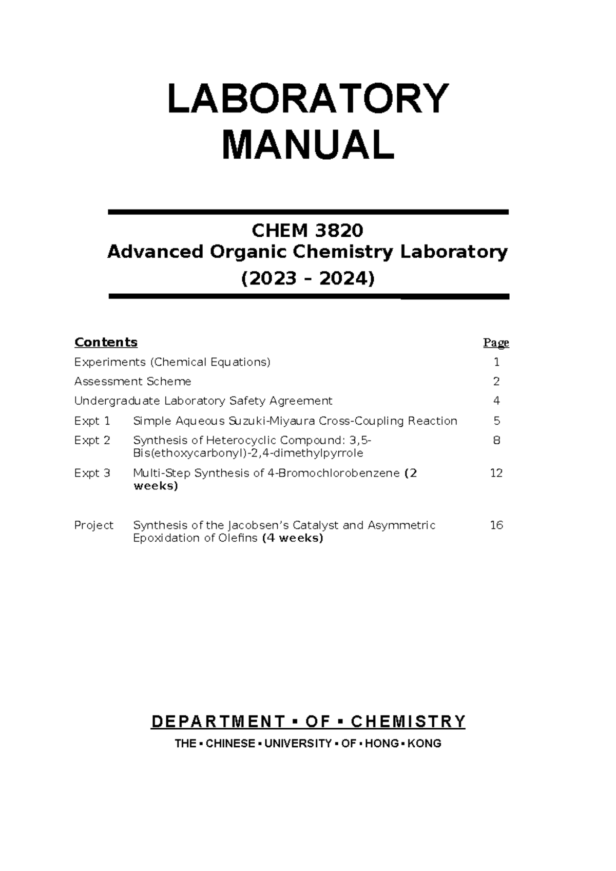 CHEM3820 Lab Manual (2023-24) - LABORATORY MANUAL CHEM 3820 Advanced ...