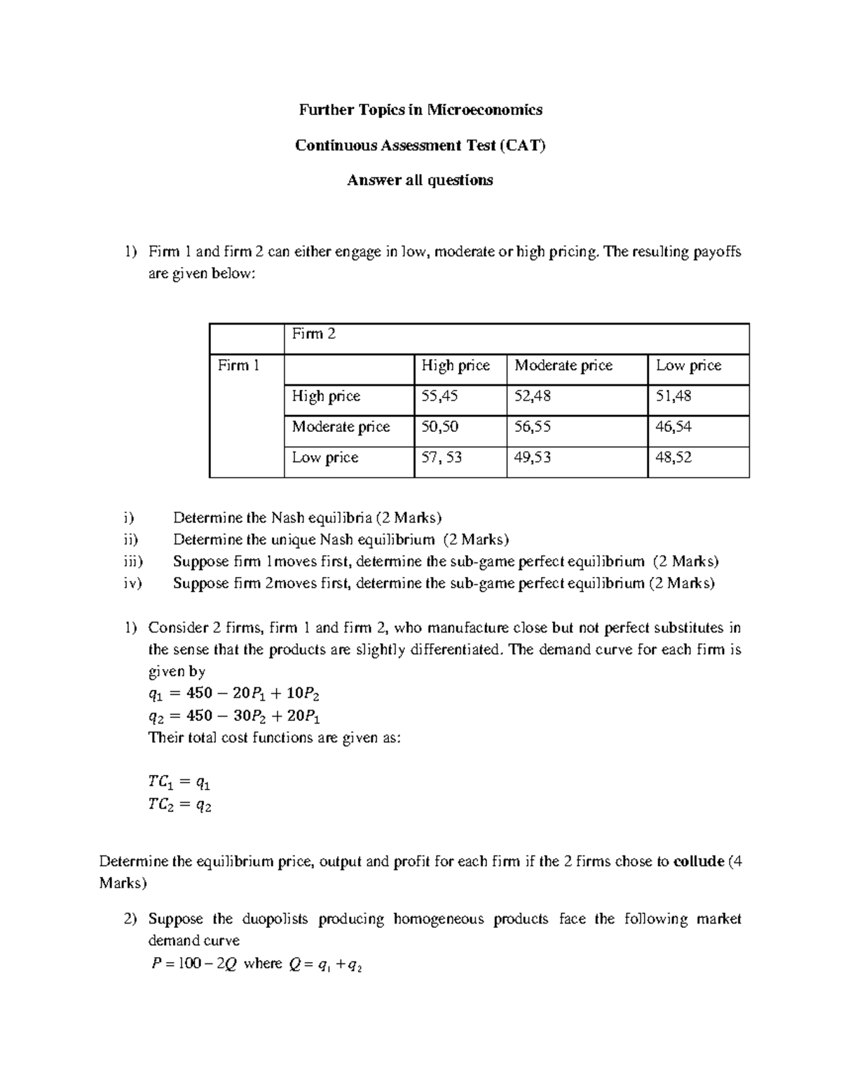 Further Topics in Microeconomics CAT 12 January 2023 - Further Topics ...